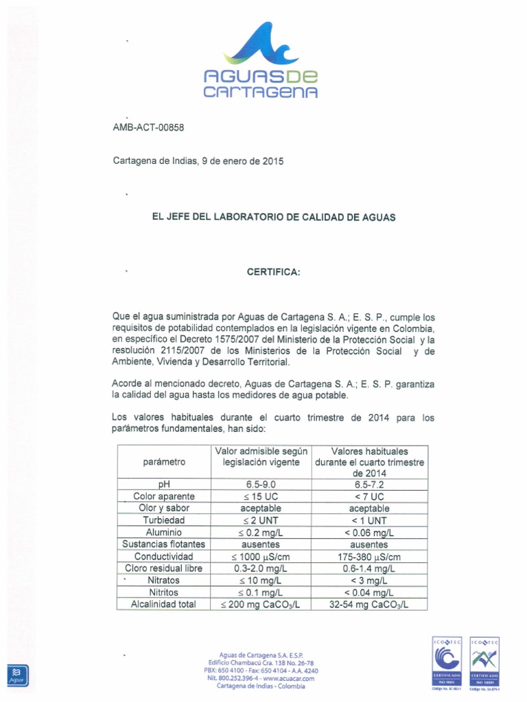Certificado Calidad Del Agua | PDF