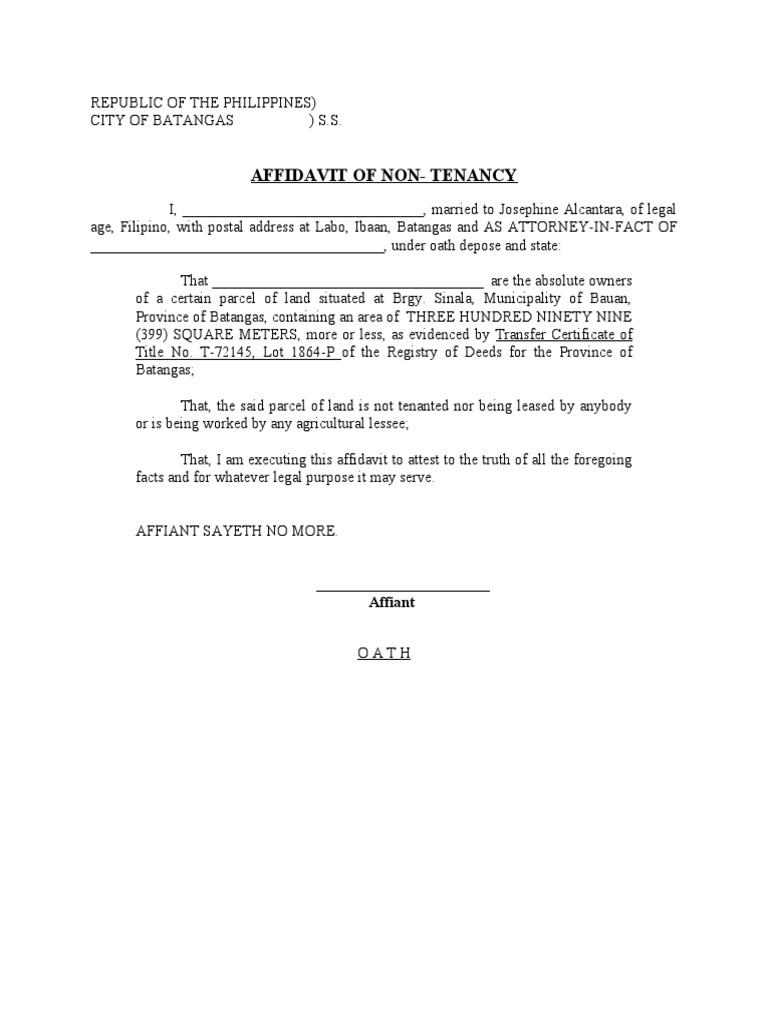 Affidavit of Non Tenancy For SPA