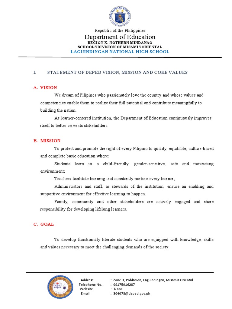 Department of Education: I. Statement of Deped Vision, Mission and Core ...