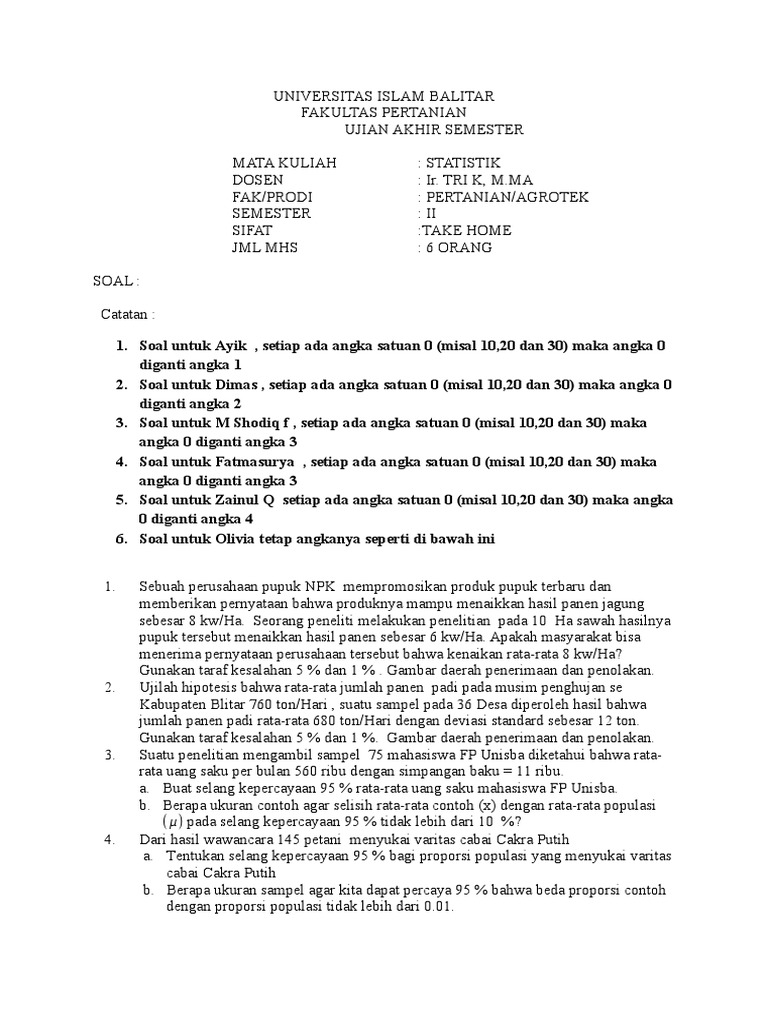 Soal Statistik - Agro 2021 | PDF