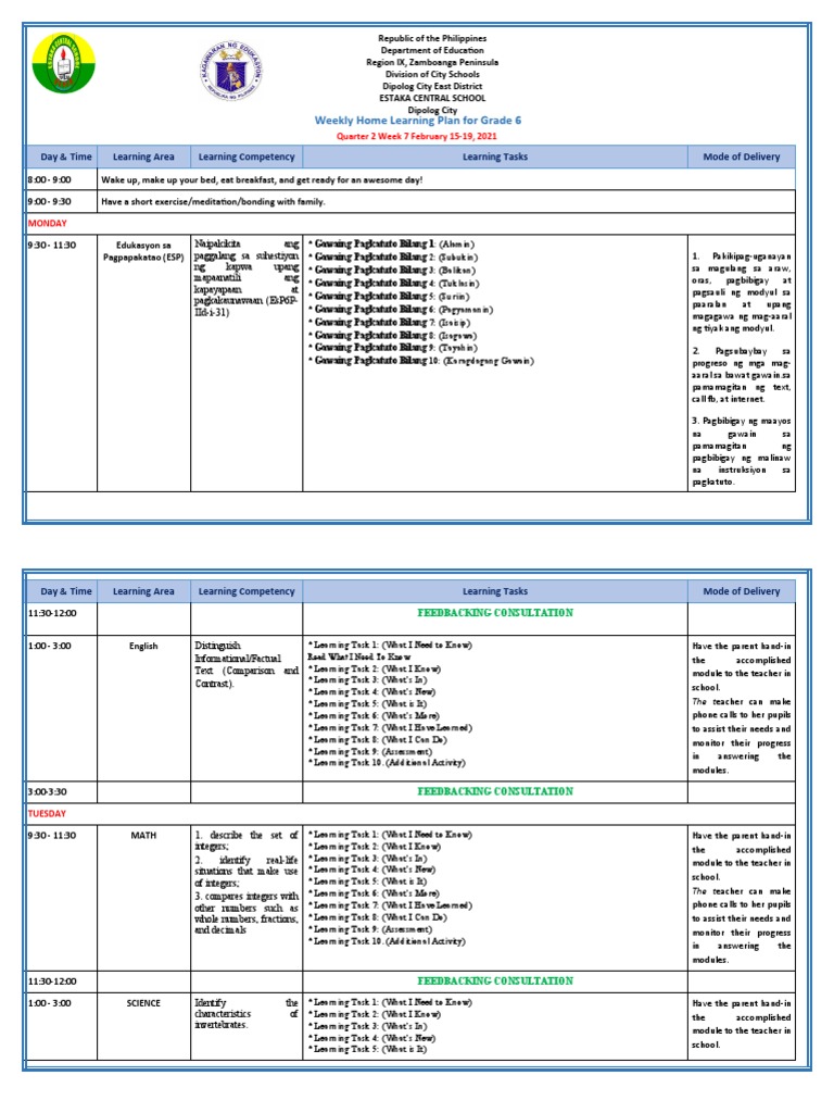 Weekly Home Learning Plan For Grade 6: Learning Area Learning ...