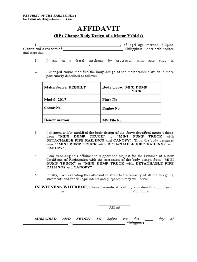 Affidavit for Vehicle Body Design Change | PDF