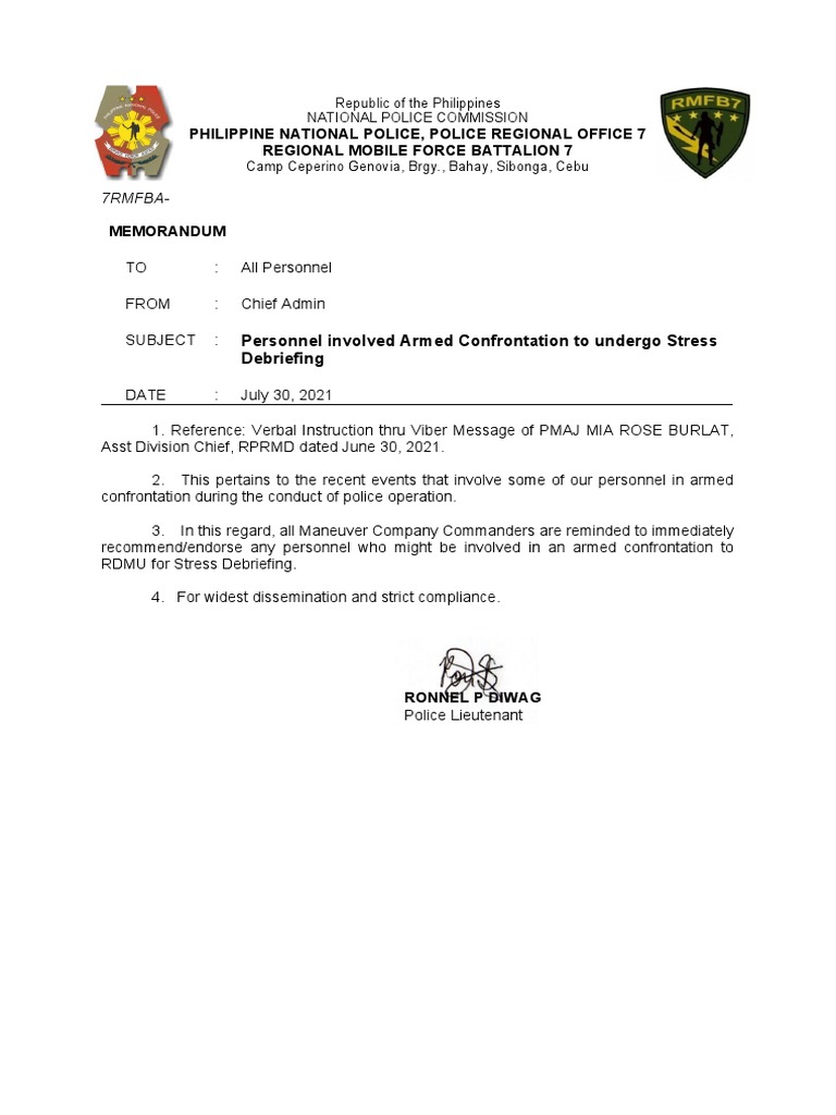 Stress Debriefing Memo for PNP Personnel | PDF