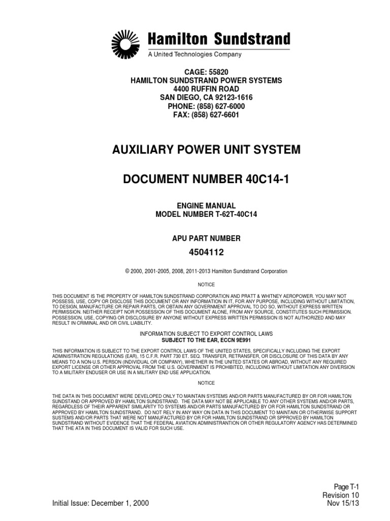 Hamilton Sundstrand APU T-62T-40C14 Manual | PDF | Hydrochloric Acid | Chemistry