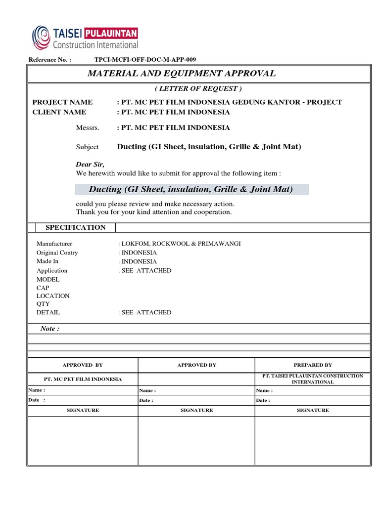 Material and Equipment Approval: Ducting (GI Sheet, Insulation, Grille & Joint Mat) | PDF