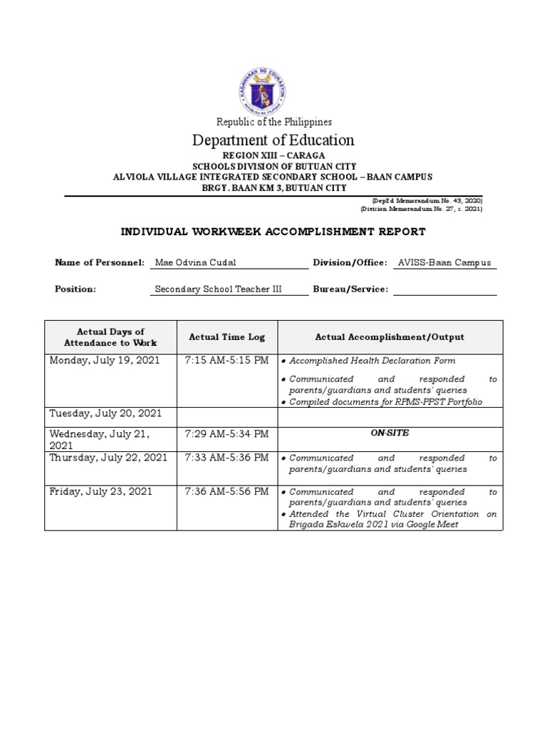 Department of Education: Individual Workweek Accomplishment Report | PDF