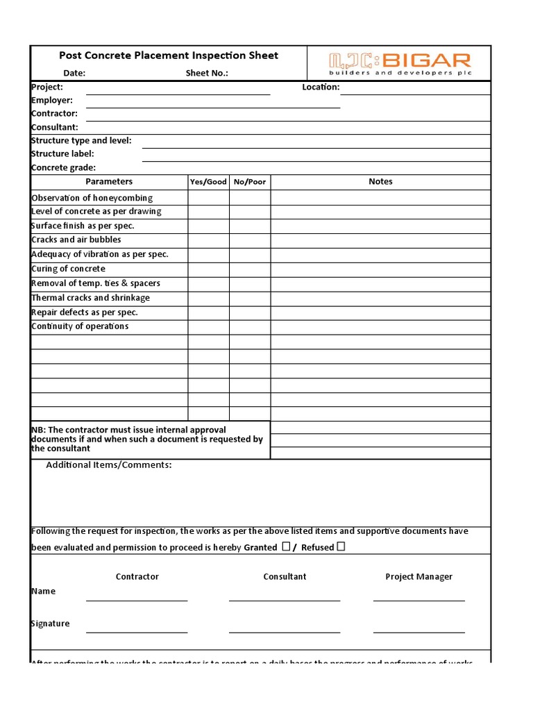 Post Concrete Placement Inspection Sheet: Yes/Good No/Poor | PDF