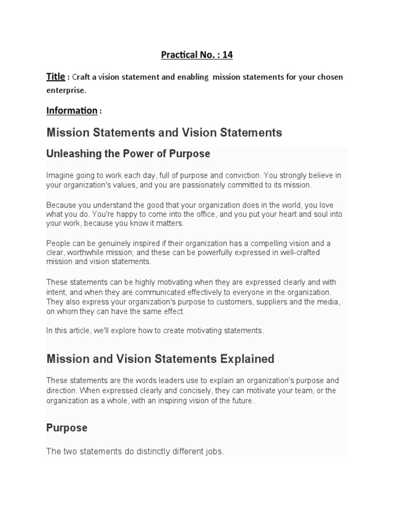 Mission Statements and Vision Statements: Practical No.: 14 Title | PDF | Goal | Business