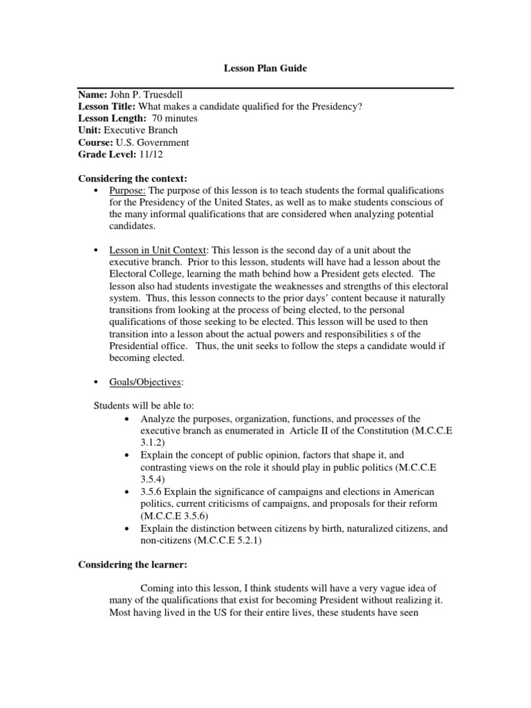 What Makes A Candidate Qualified For The Presidency? Lesson Plan | PDF ...