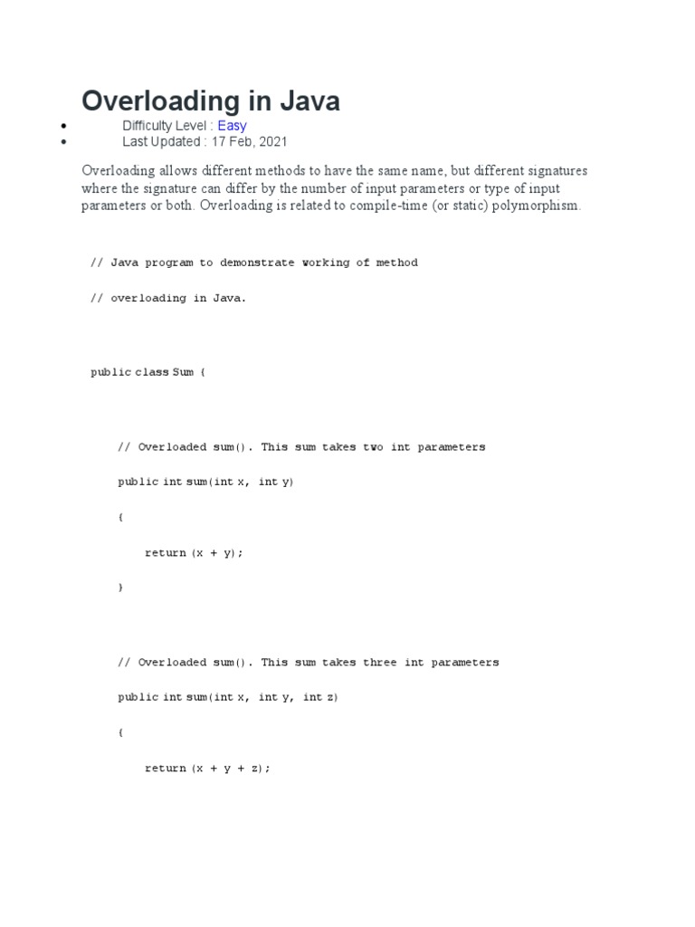 Overloading In Java Pdf Method Computer Programming Parameter Computer Programming