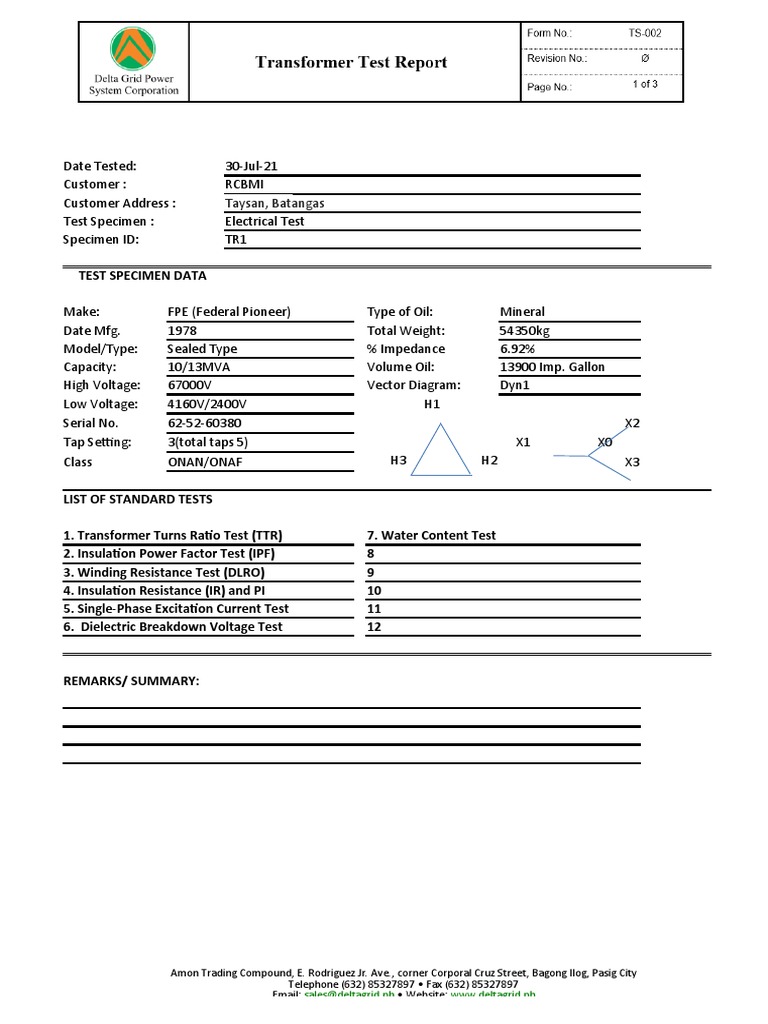 Electrical Test Report - 10MVA Transformer | PDF | Transformer ...