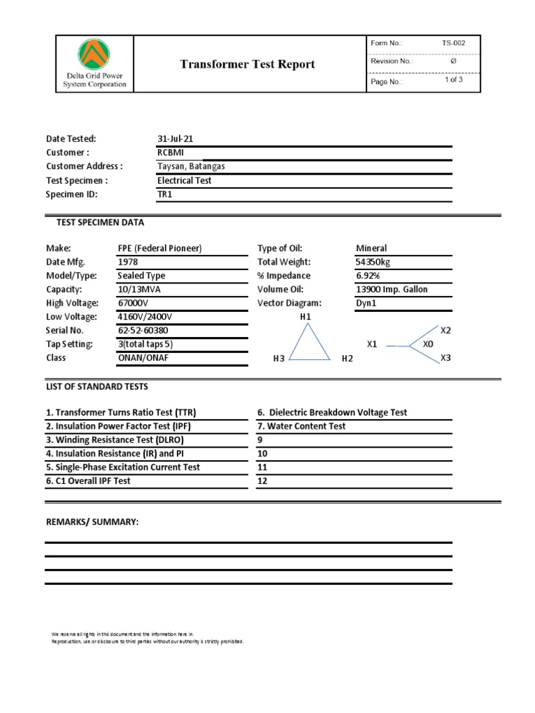 Electrical Test Report - 10MVA Transformer-Final | PDF | Transformer ...
