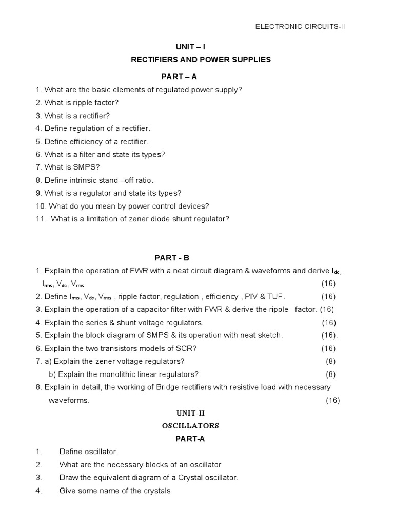 Unit - I Rectifiers and Power Supplies Part - A: Electronic Circuits-Ii | PDF | Rectifier ...