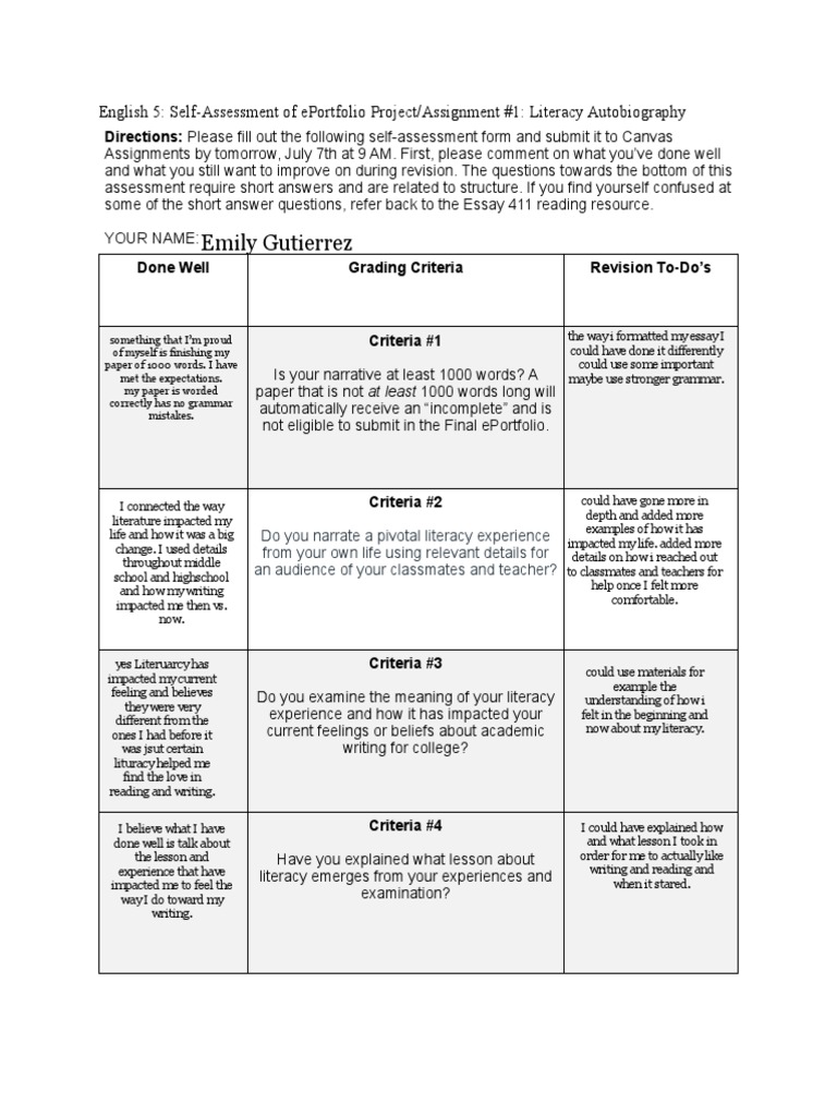 Portfolio Project 1 Literacy Autobiography Self-Assessment-2 | PDF ...