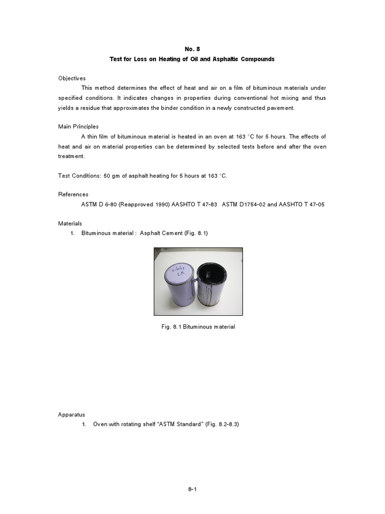 No. 8 Test For Loss On Heating of Oil and Asphaltic Compounds | PDF ...