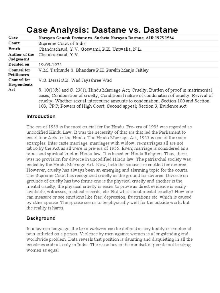 Case Analysis: Dastane vs. Dastane | PDF | Cruelty | Marriage