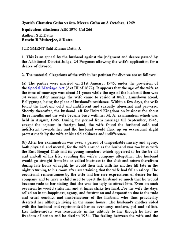 Jyotish Chandra Guha Divorce Case | PDF | Divorce | Marriage