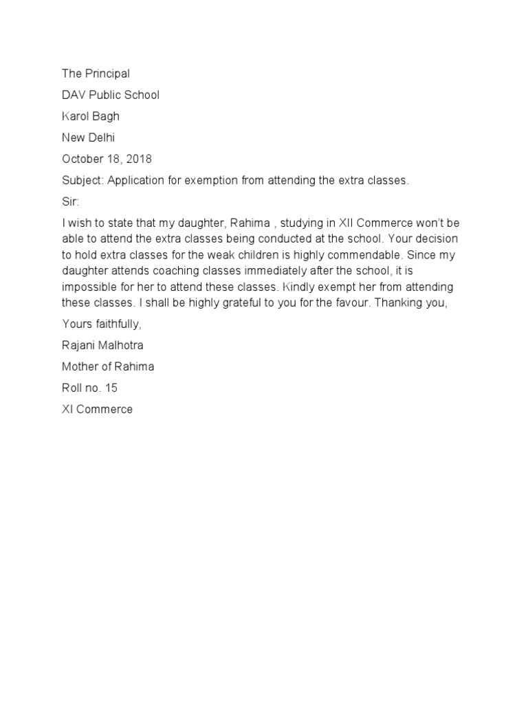 Application For Exemption From Attending The Extra Classes | PDF
