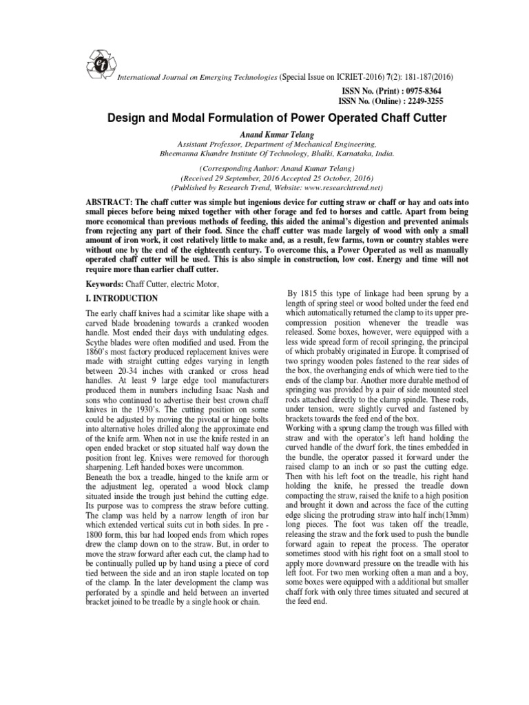 Design and Modal Formulation of Power Operated Chaff Cutter: Anand ...
