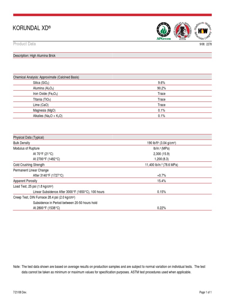 Refractory Datasheet 1 - KORUNDAL XD | PDF | Aluminium Oxide | Refractory