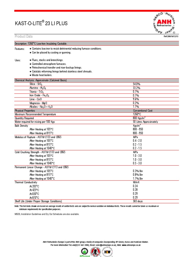 Refractory Datasheet - KAST-O-LITE 23 LI PLUS | PDF | Refractory ...