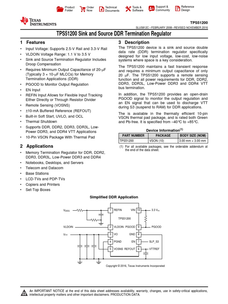 TPS51200 Sink and Source DDR Termination Regulator: 1 Features 3 Description | PDF ...