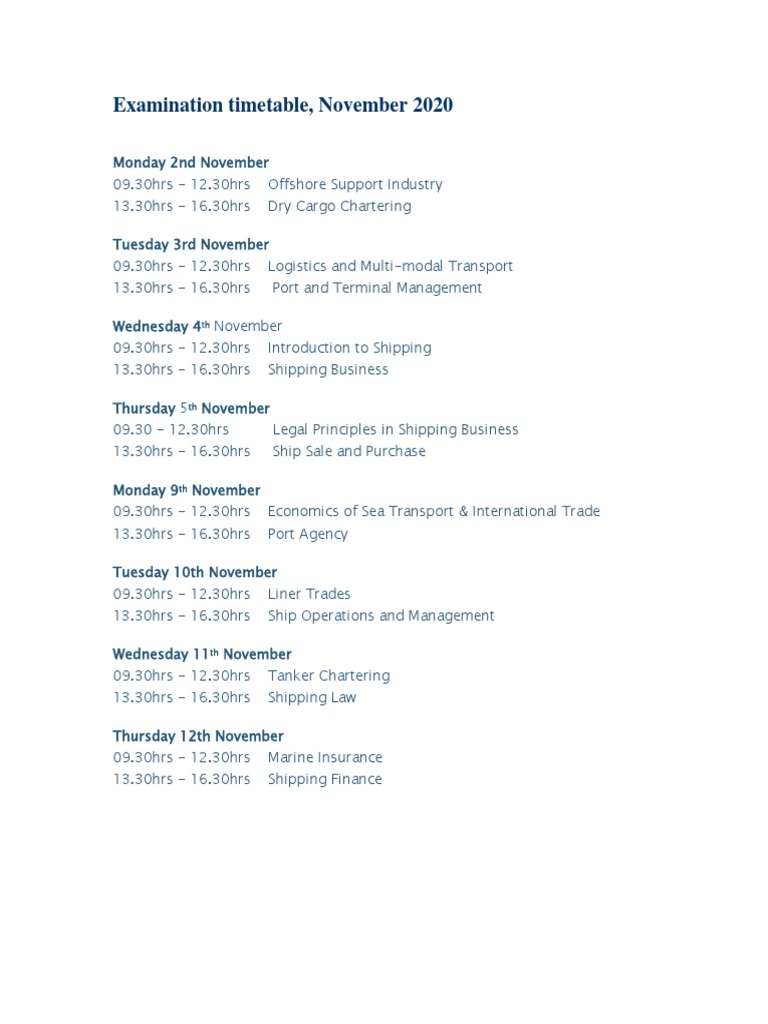 Examination Schedule Nov 2020 | PDF