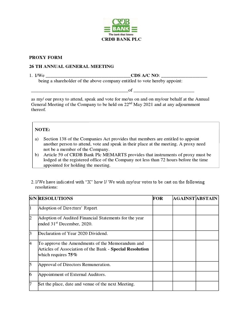 CRDB Proxy Form for AGM Voting | PDF | Proxy Voting | Government
