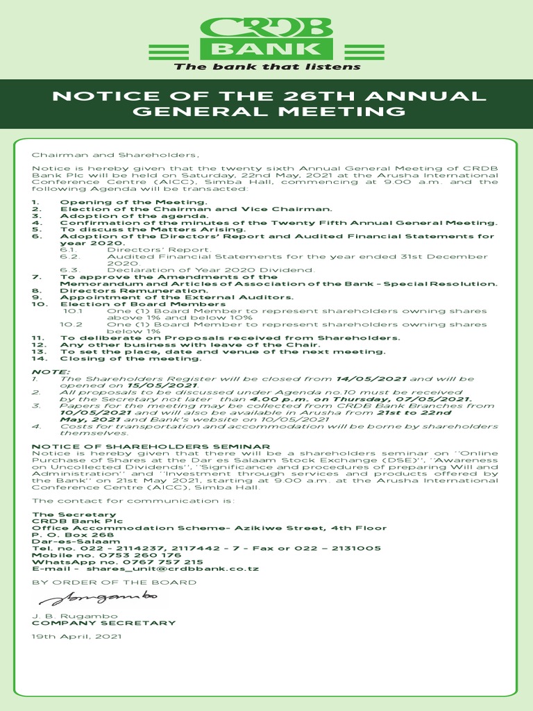 AGM Notice 2021 English | PDF | Board Of Directors | Business