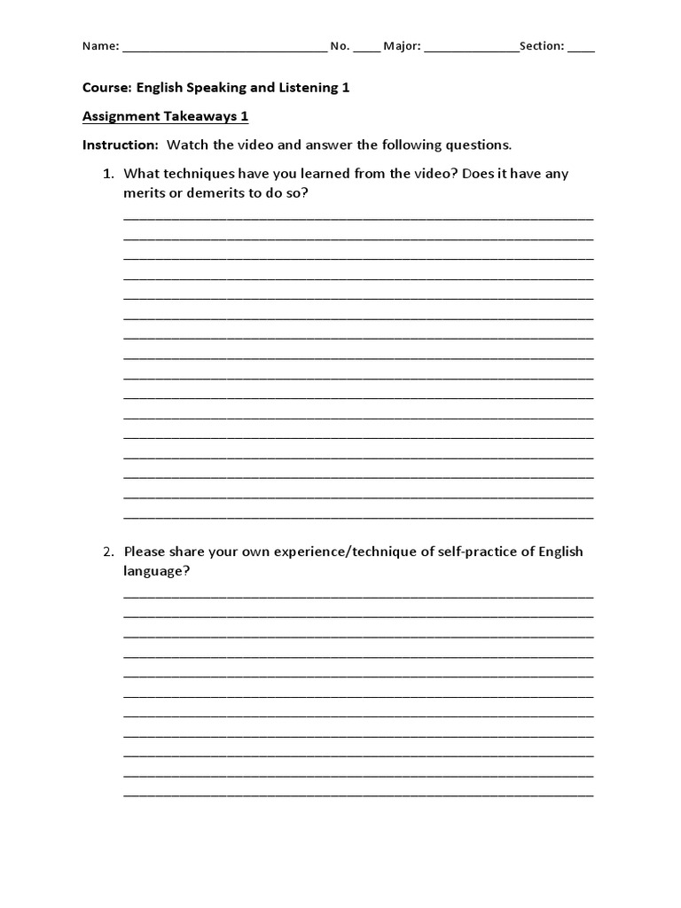 Course: English Speaking and Listening 1 Assignment Takeaways 1 ...