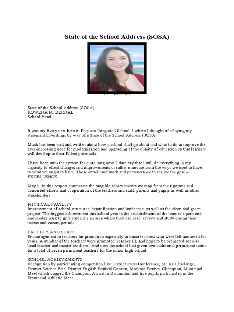 State of The School Address (SOSA) | PDF | Teachers | Health Sciences