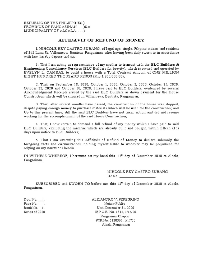 Affidavit of Refund of Money: Engineering Consultancy Services (ELC ...