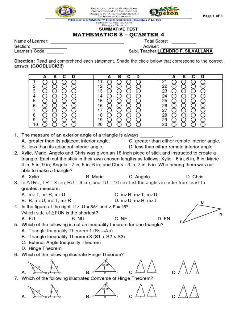 Mathematics 8 - Quarter 4: Summative Test | PDF | Euclidean Geometry ...