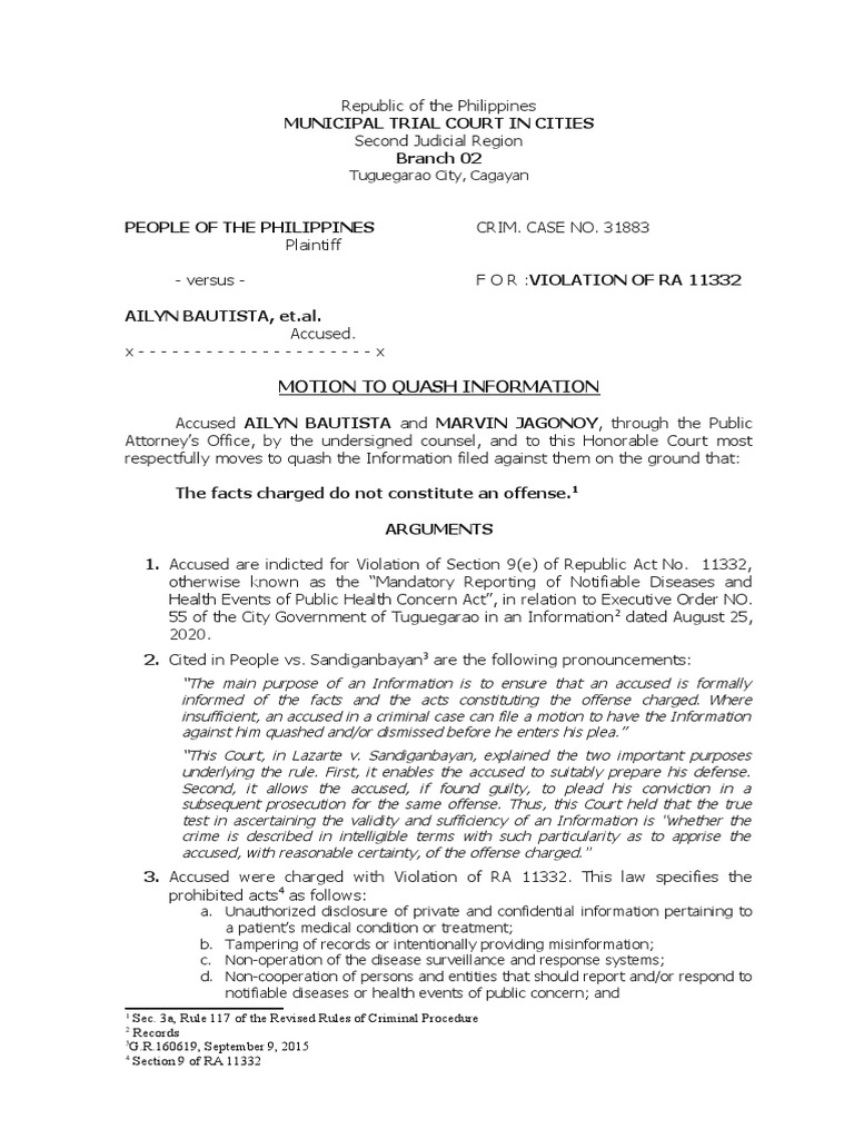Motion To Quash PP V Bautista | PDF | Crimes | Crime & Violence