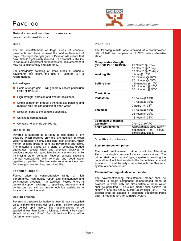 Paveroc: Reinstatement Mortar For Concrete Pavements and Floors | PDF ...