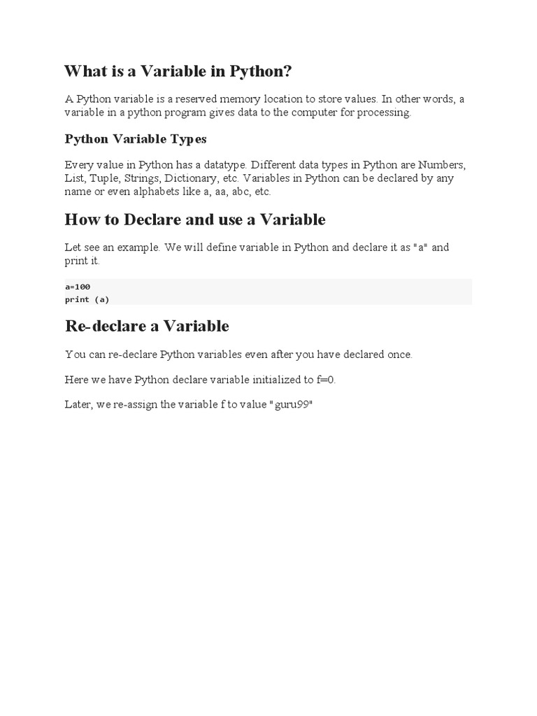 Introduction To Variables In Python Pdf Variable Computer Science String Computer Science
