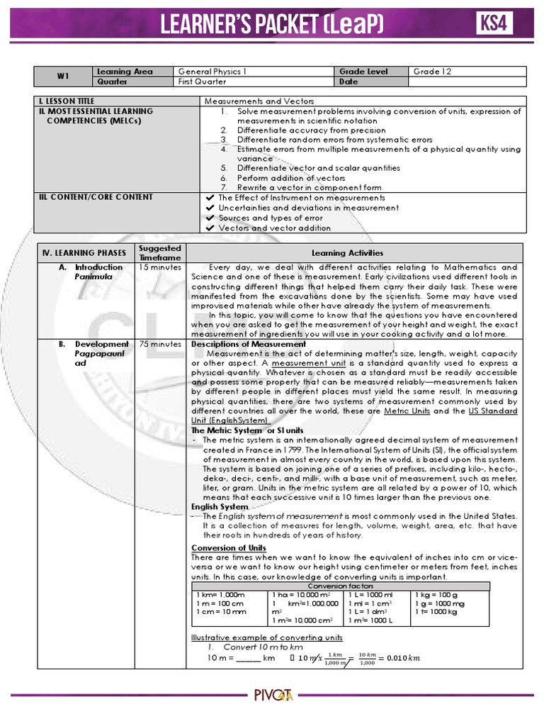Stem12 Physics 1 q1 w1 Leap | PDF | Euclidean Vector | Observational Error