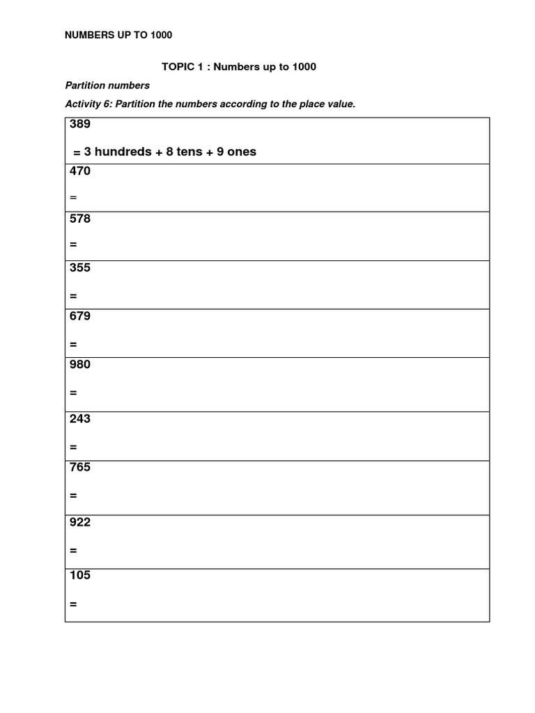 WORKSHEET Partition Numbers | PDF
