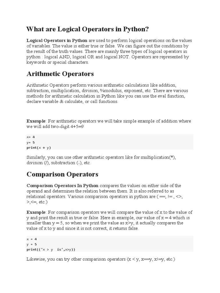 Operators In Python Pdf Python Programming Language Arithmetic