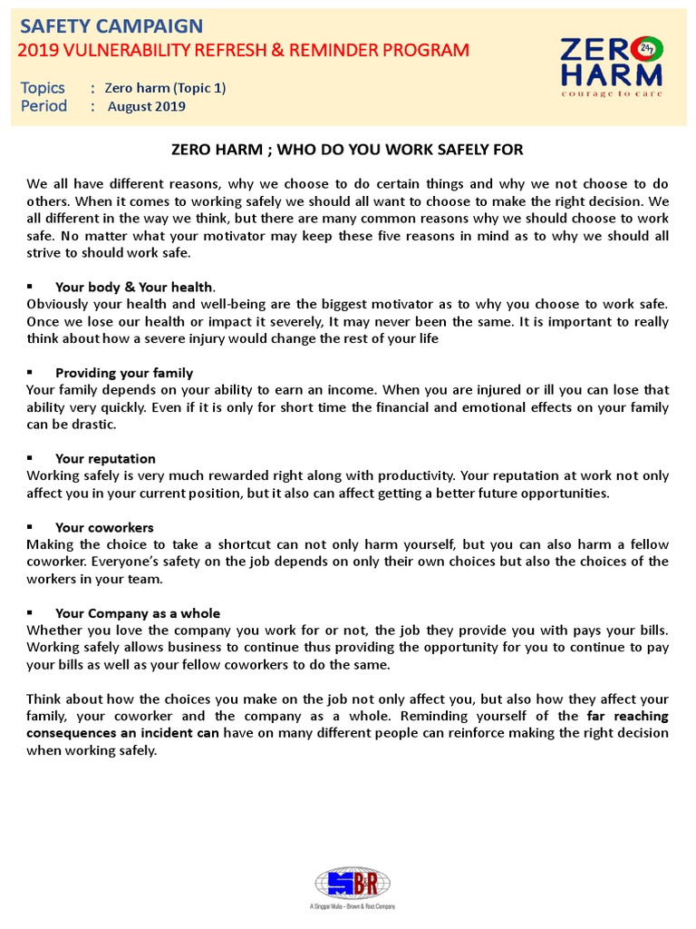 HES Safety Campaign Topic 1 - Zero Harm (Eng) 01082019 | PDF