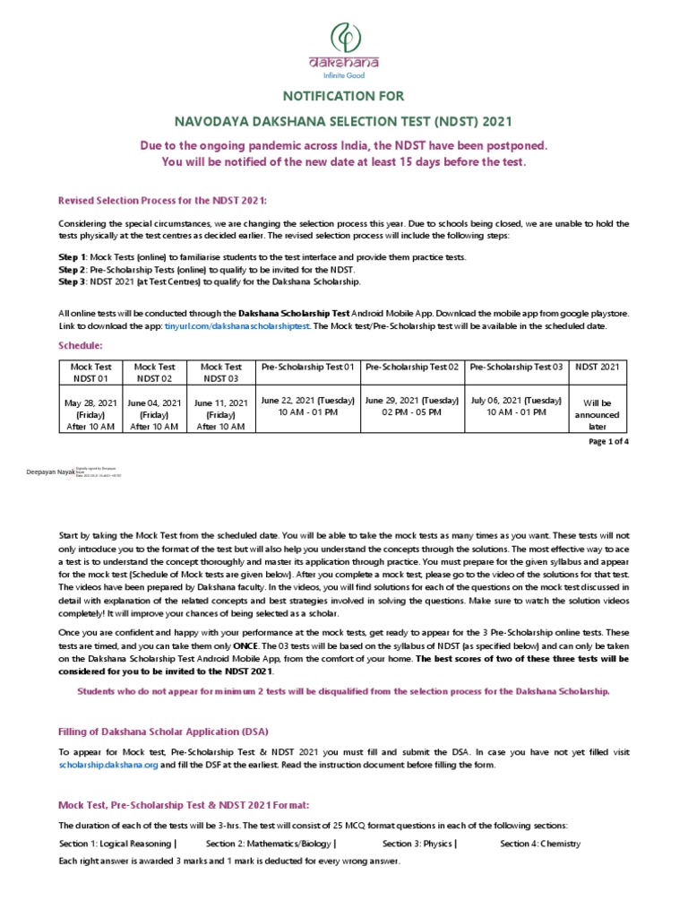 Notification For Navodaya Dakshana Selection Test (NDST) 2021 | PDF ...