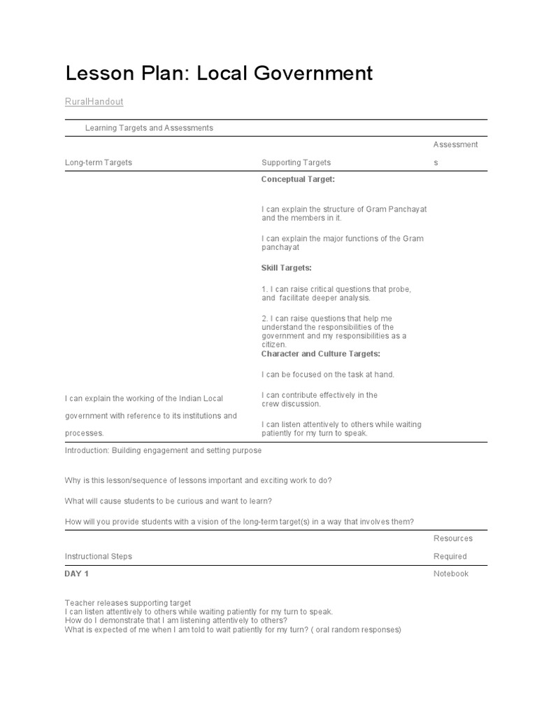 Lesson Plan. - Gram Panchayat. | PDF | Lesson Plan