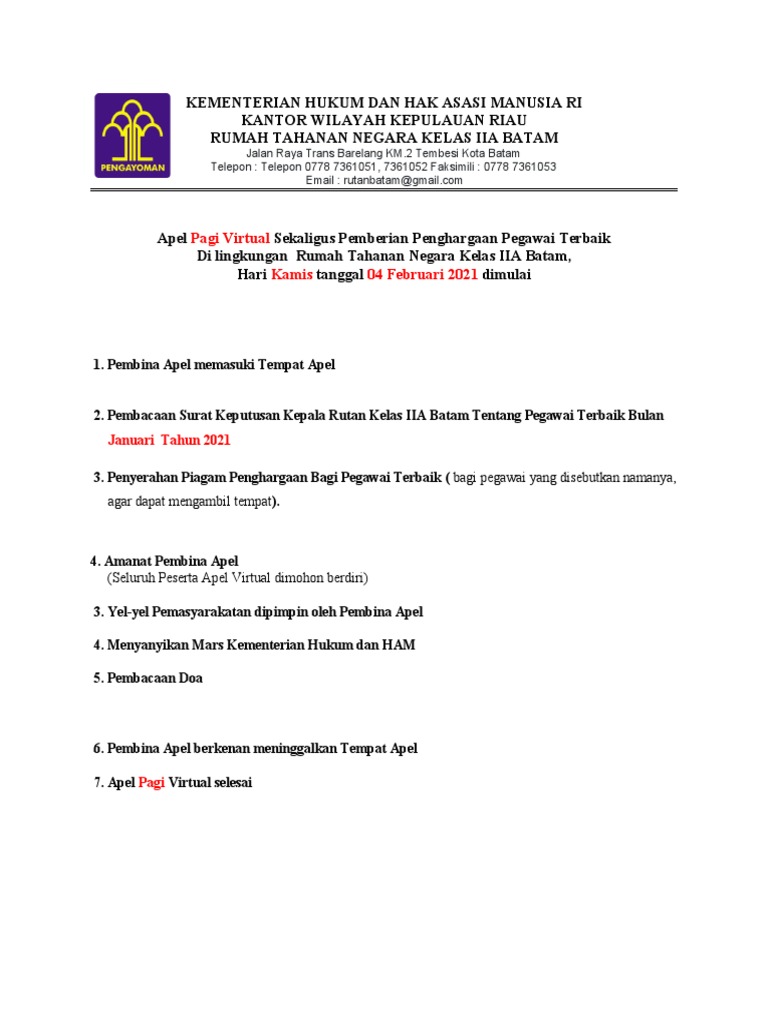 Susunan Acara Apel Virtual+Penghargaan Pegawai Terbaik | PDF