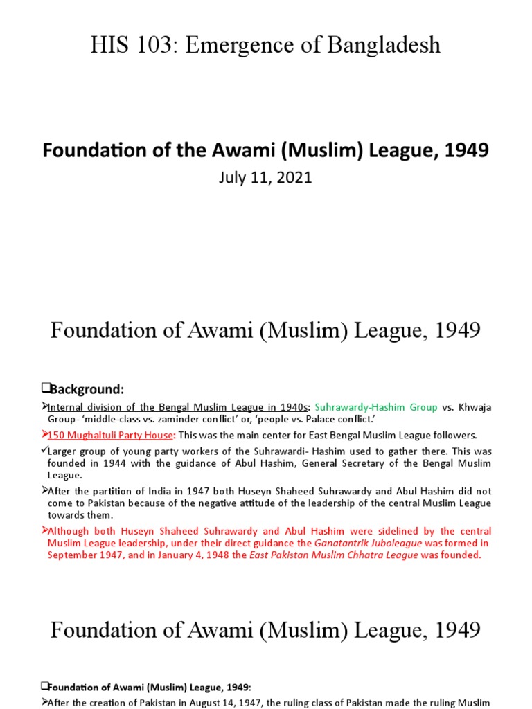 His103, L-9, Foundation of Awami Muslim League, 1949 | PDF | Bangladesh ...