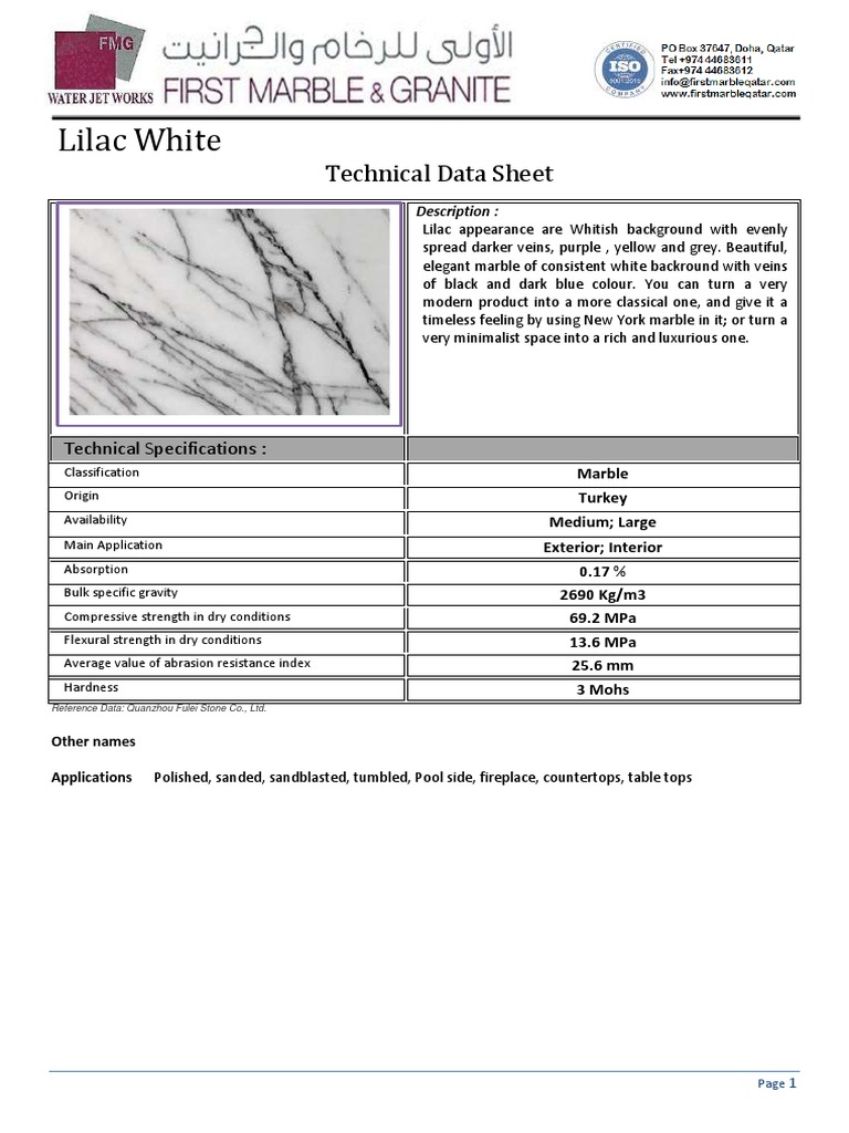 Lilac White Marble Technical Data Sheet | PDF