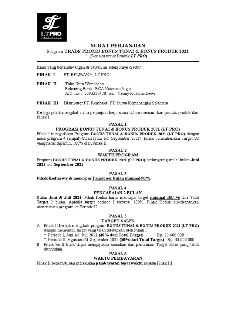 SURAT PERJANJIAN Bonus Tunai & Bonus Produk LT PRO 2021 Citra | PDF