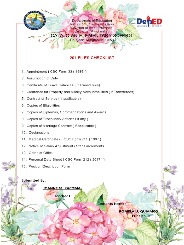 Calajo-An Elementary School: 201 Files Checklist | PDF