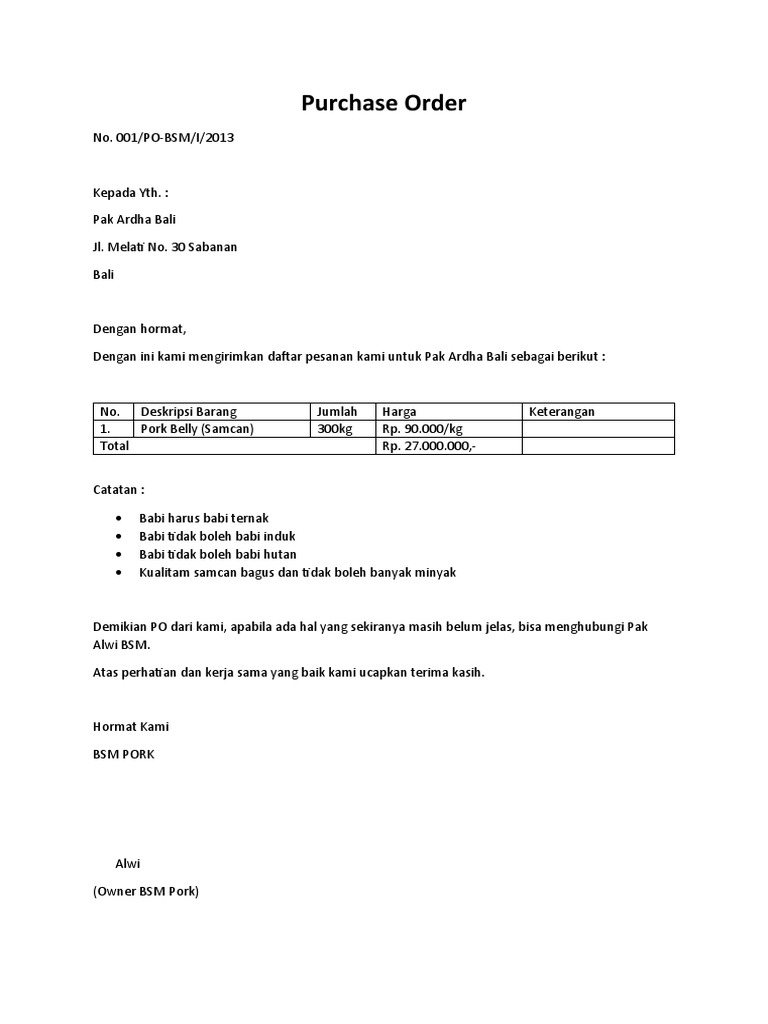Contoh Purchase Order Samcan Babi | PDF