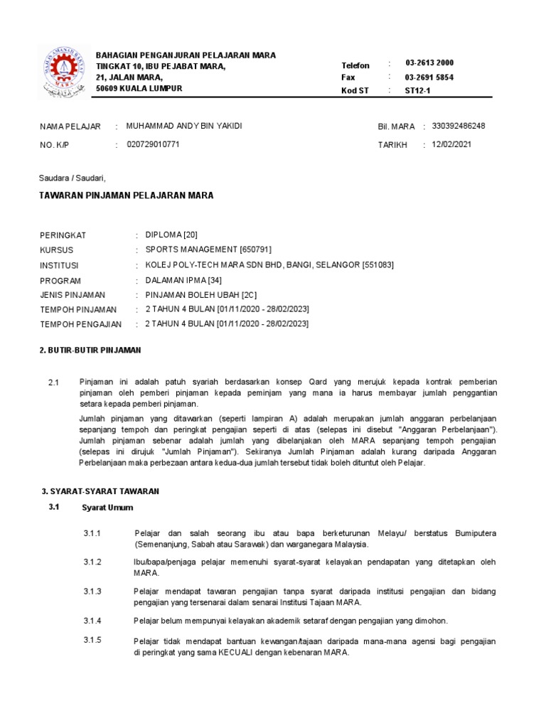 Surat Tawaran Pinjaman Mara | PDF