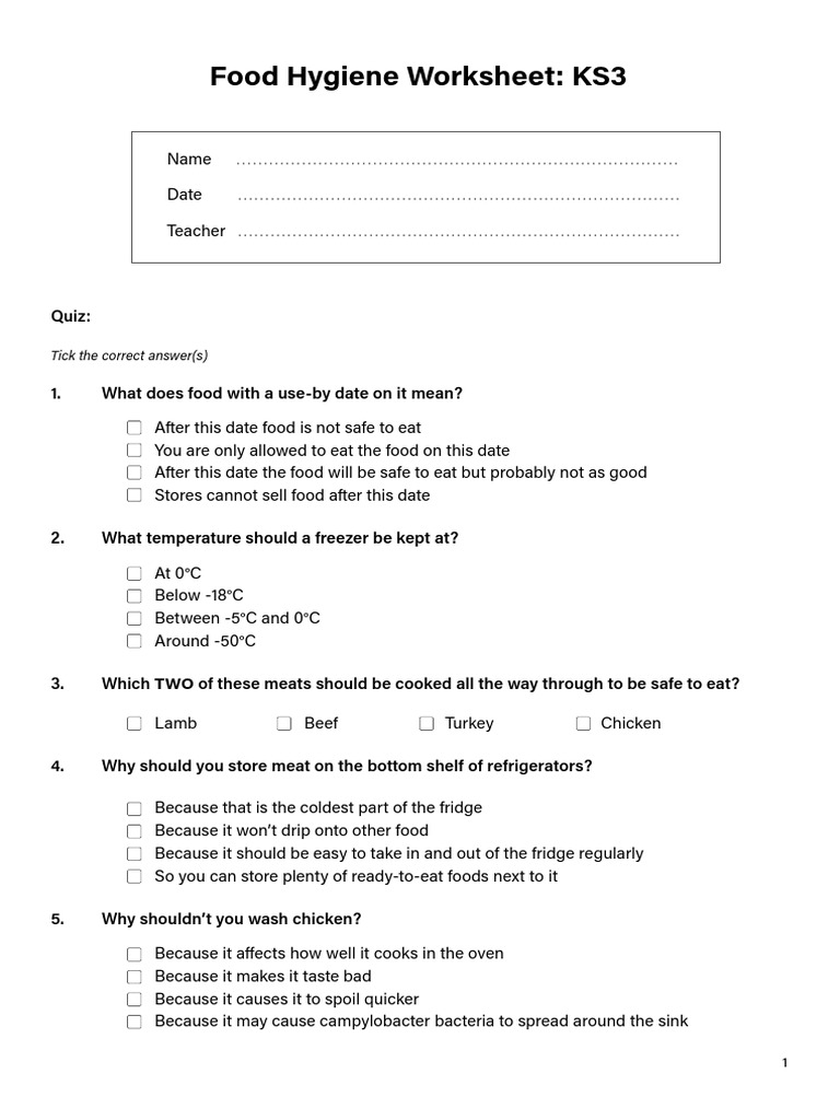 Food Hygiene Worksheet: KS3: Tick The Correct Answer(s) | PDF | Foods ...